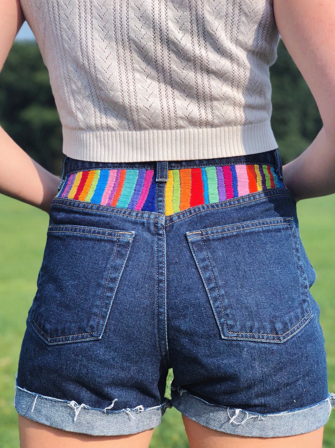 Hand Embroidered Colorful High Waisted Jean Shorts Size 6 - Etsy