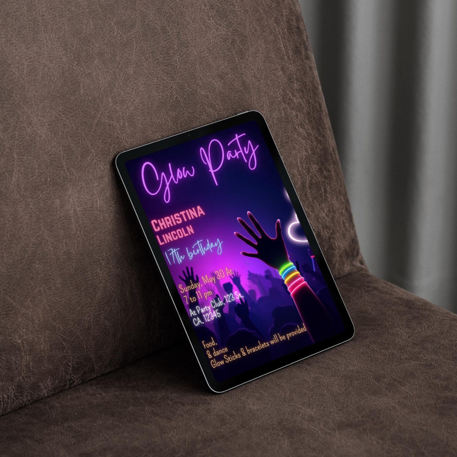 Glow Party Birthday Invitation, Neon Editable Canva Invite, Teen Party ...