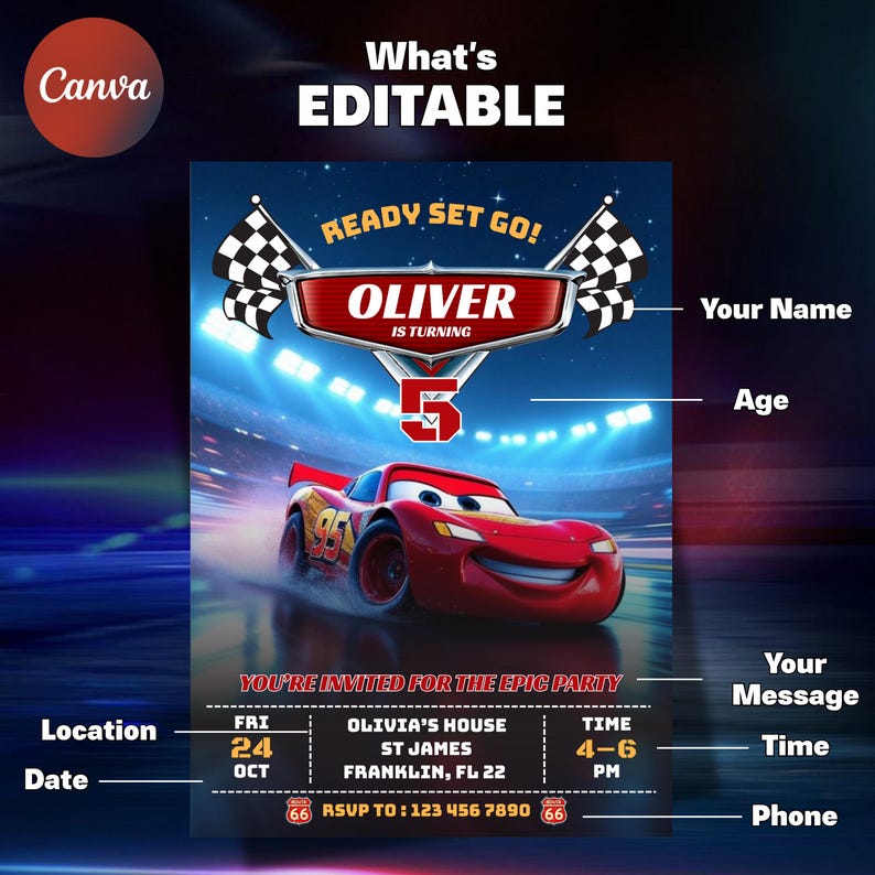 Cars Birthday Invitation, Lightning Mcqueen Invite, Kids Birthday ...
