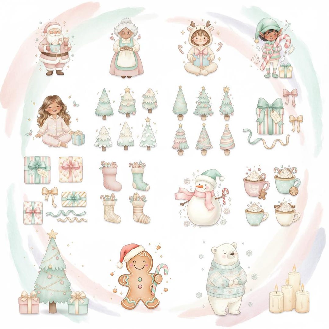 Pastel Christmas Clipart Bundle | Watercolor Holiday PNG Set - Etsy