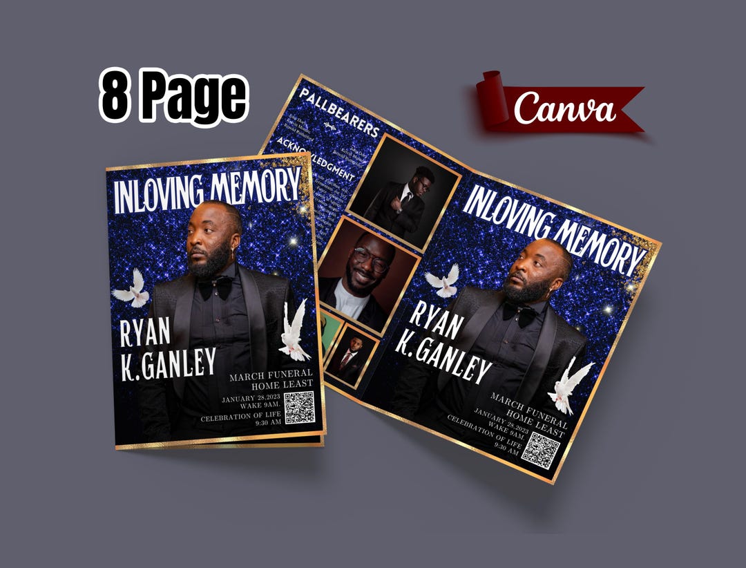 Luxury Blue & Gold Funeral Program Template | in Loving Memory ...