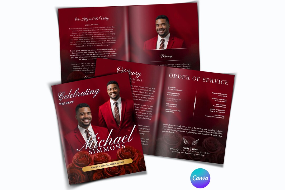 Elegant Red Rose Memorial Service Booklet, 8-page Editable Funeral Home ...