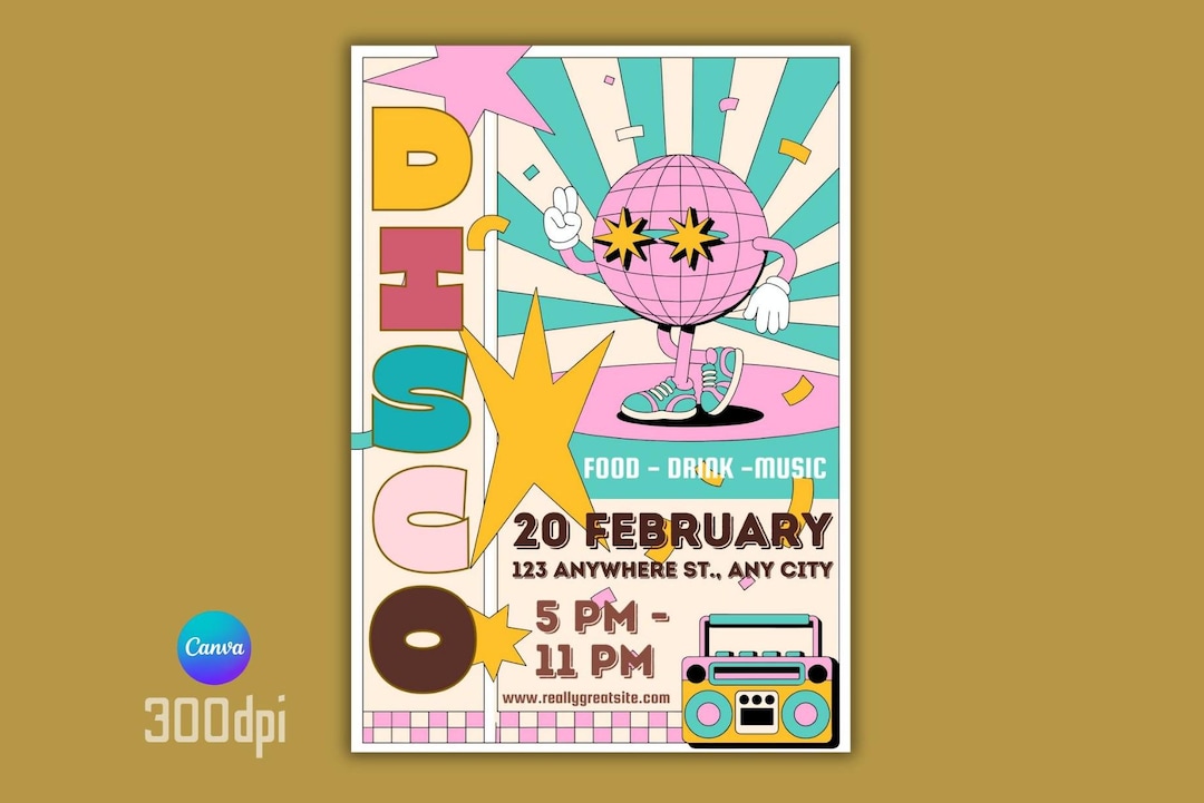 70s Groovy Aesthetic Disco Flyer Template | Editable Pink & Aqua Retro ...