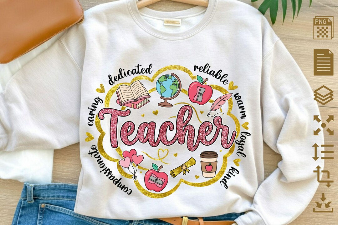 Teacher Appreciation Art PNG, Glitter Teacher Design With School Icons ...