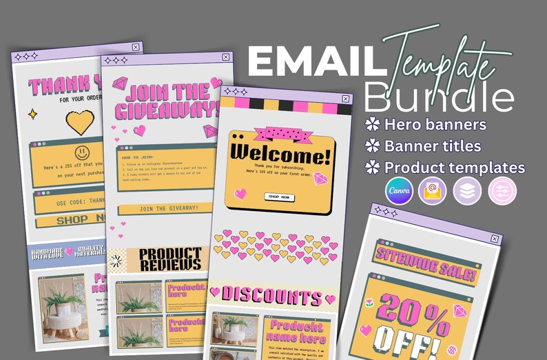 Y2K Email Template Bundle Canva, Retro Pixel Art Newsletter, 90s ...