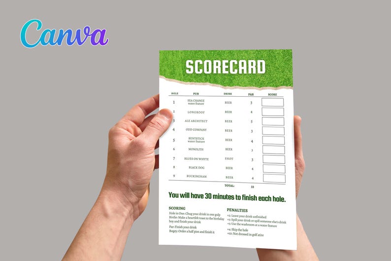 Editable Pub Golf Scorecard, Bar Golf Game Template, Canva Printable ...
