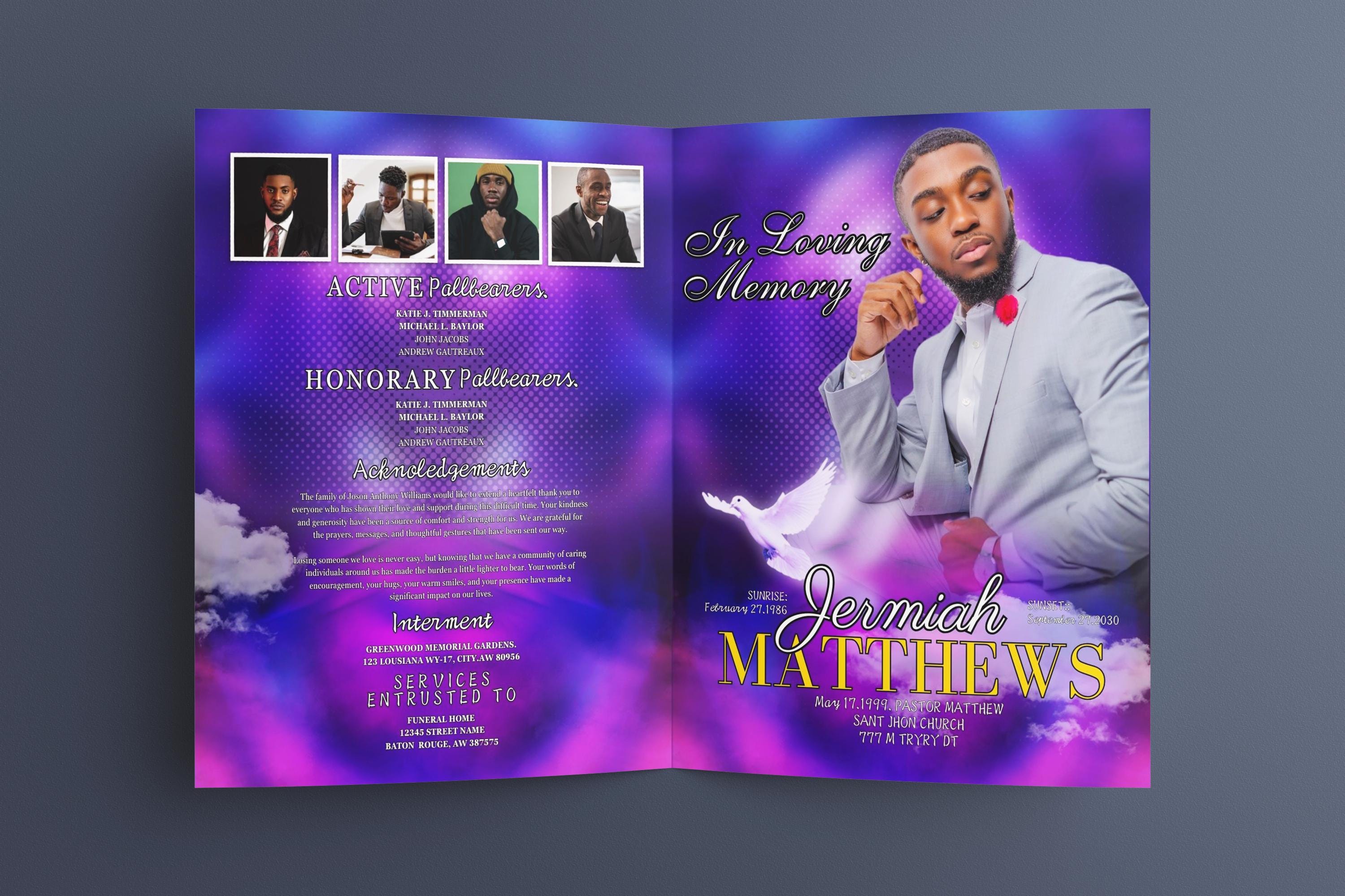 Spiritual Funeral Program Template | Blue Memorial Obituary ...