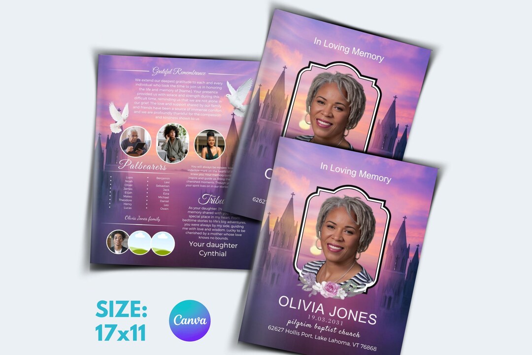 Sunset Cathedral Funeral Program Template, Purple Memorial Service Bi ...