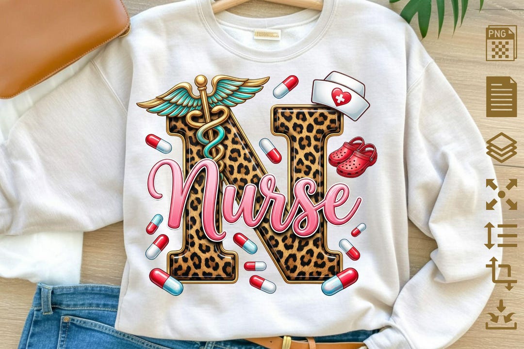 Leopard Nurse Letter N PNG | Gold Caduceus & Red Clogs Sublimation ...