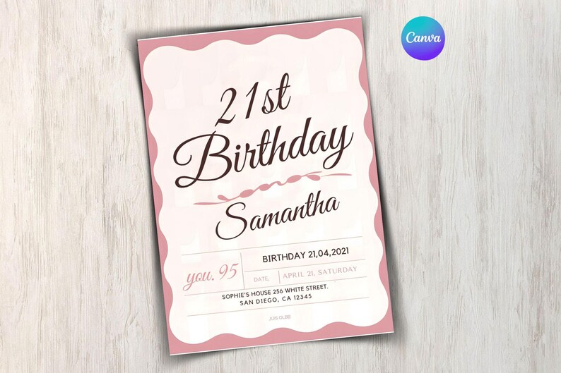 Elegant 21st Birthday Invitation Template, Script Font Calligraphy ...