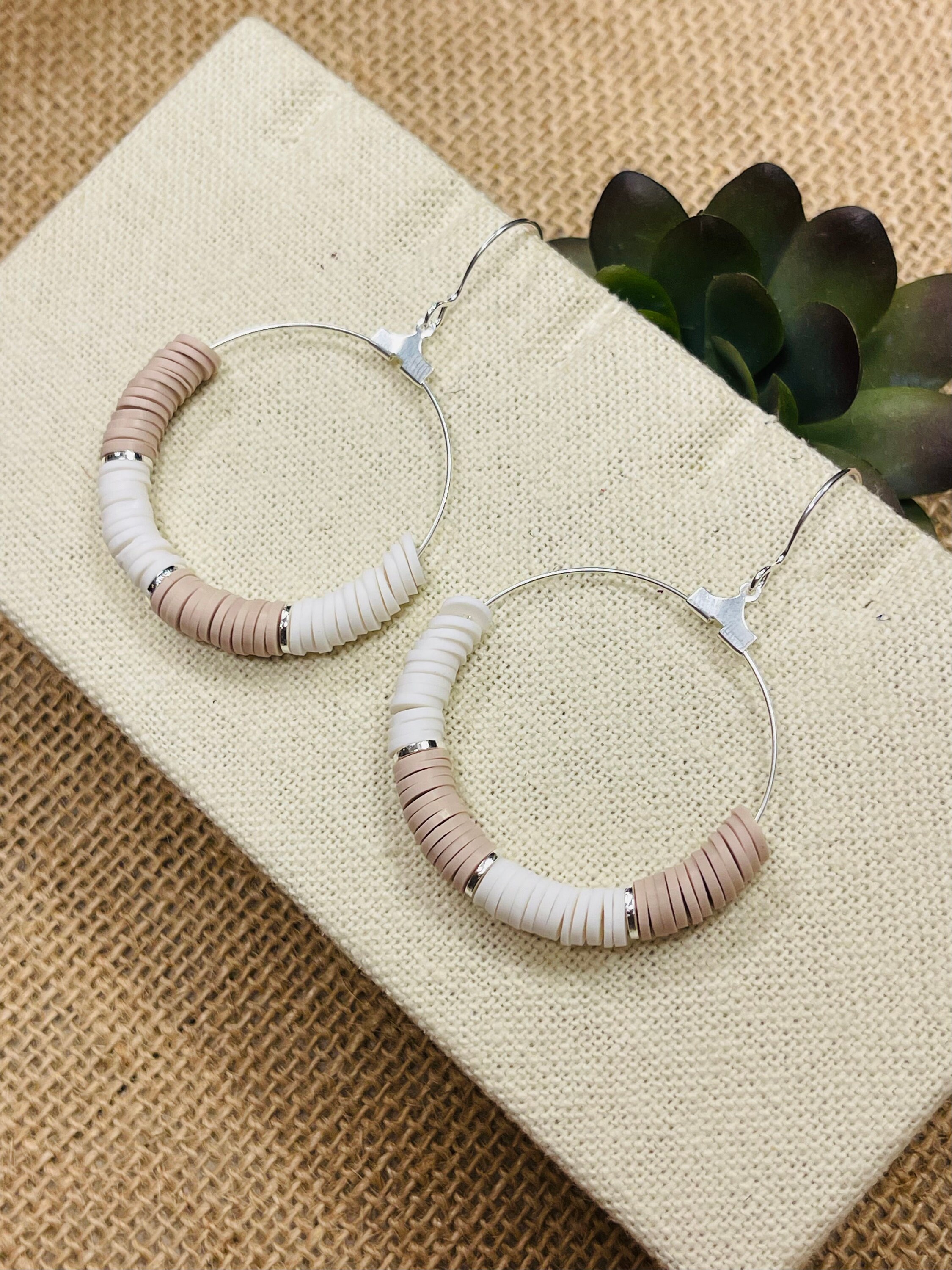 White and Cream Heishi Dish Clay Earrings, Silver Hoop and Polymer Clay ...