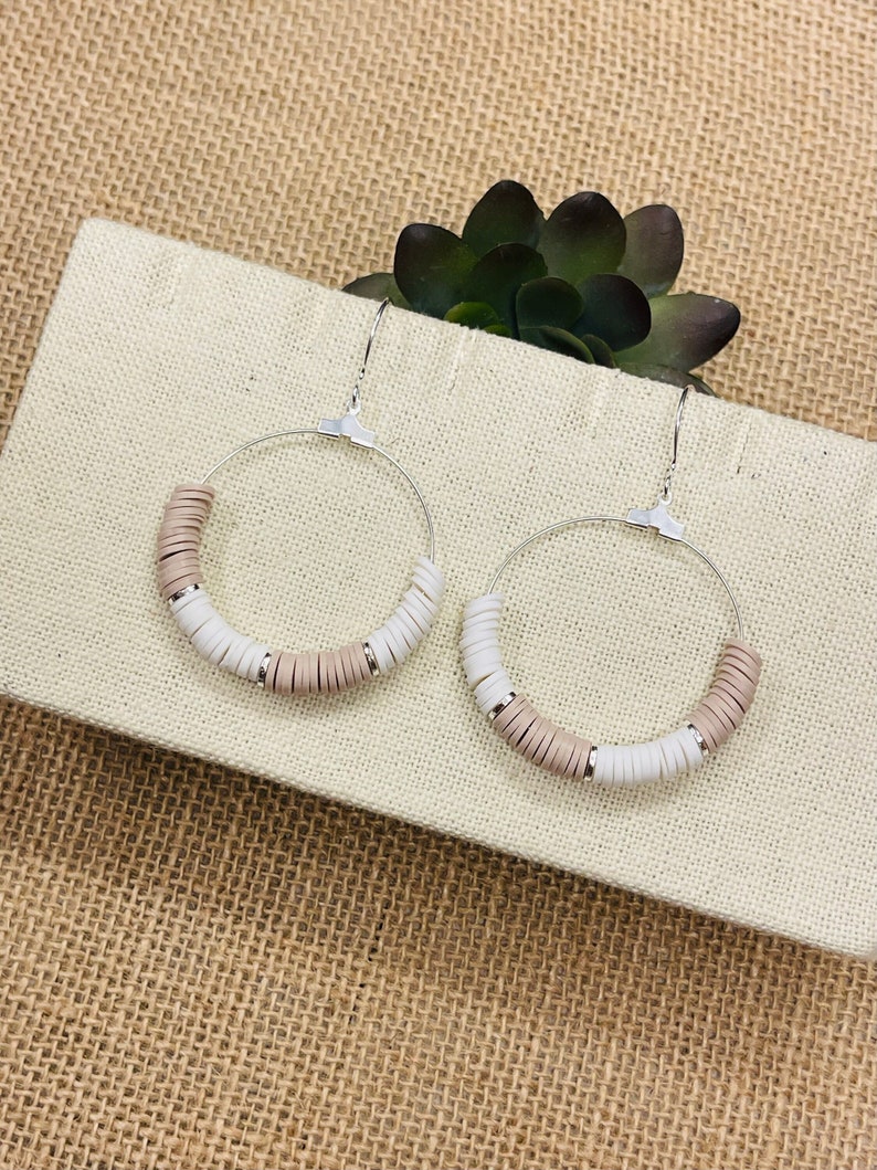 White and Cream Heishi Dish Clay Earrings, Silver Hoop and Polymer Clay ...