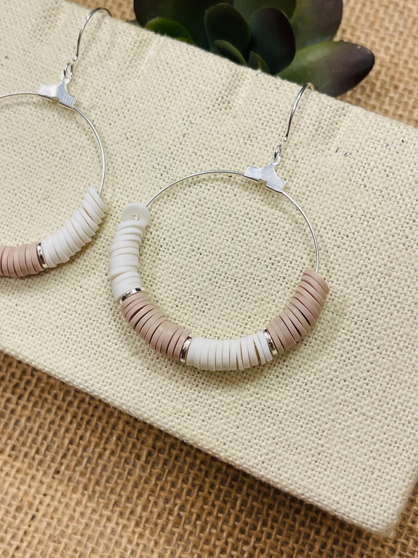 White and Cream Heishi Dish Clay Earrings, Silver Hoop and Polymer Clay ...