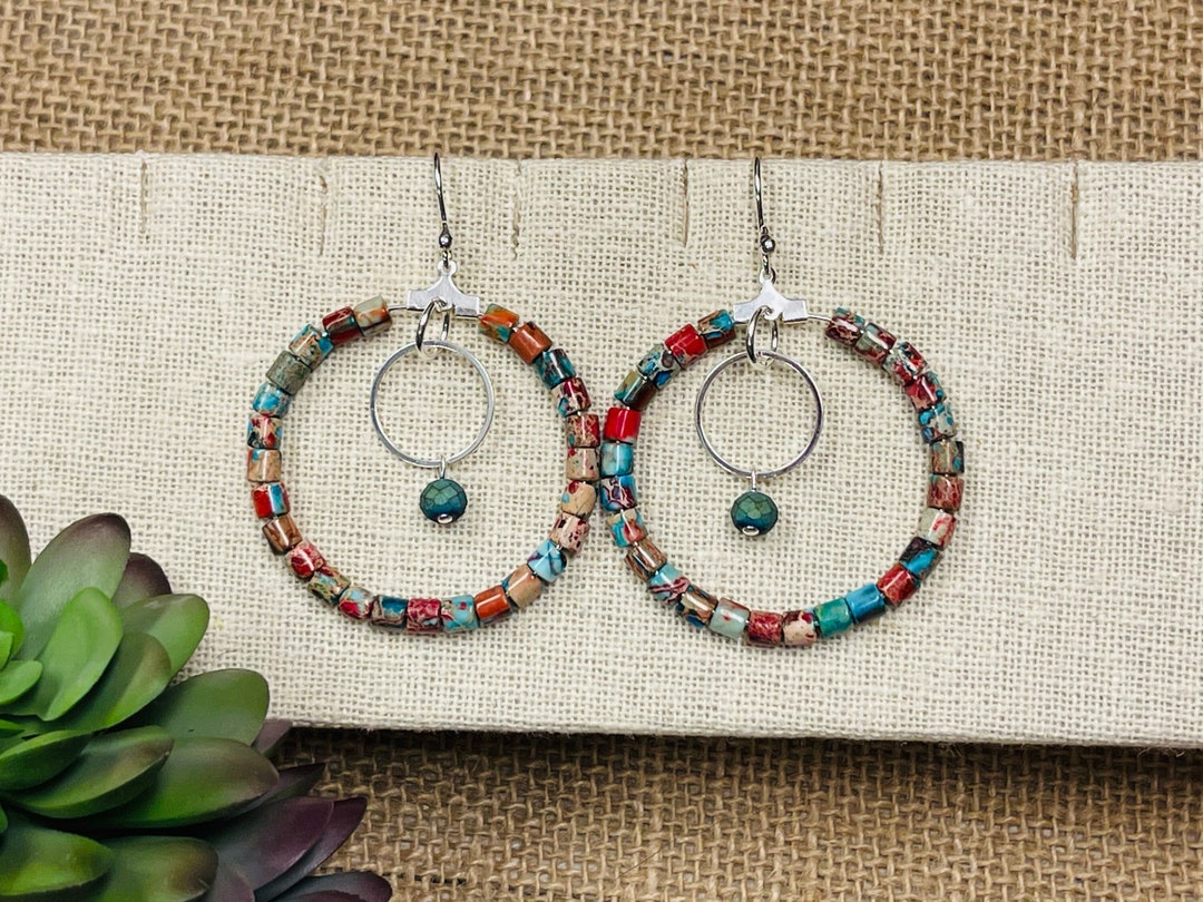 Colorful Gemstone Hoop Earrings, Jasper Stone Hoops, Turquoise Colored ...