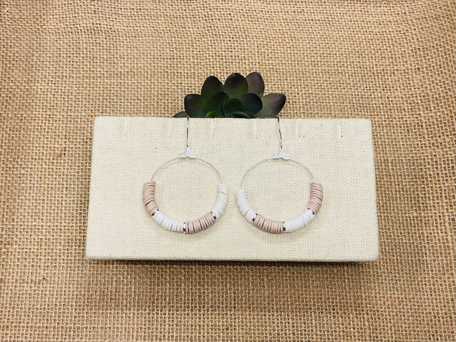 White and Cream Heishi Dish Clay Earrings, Silver Hoop and Polymer Clay ...