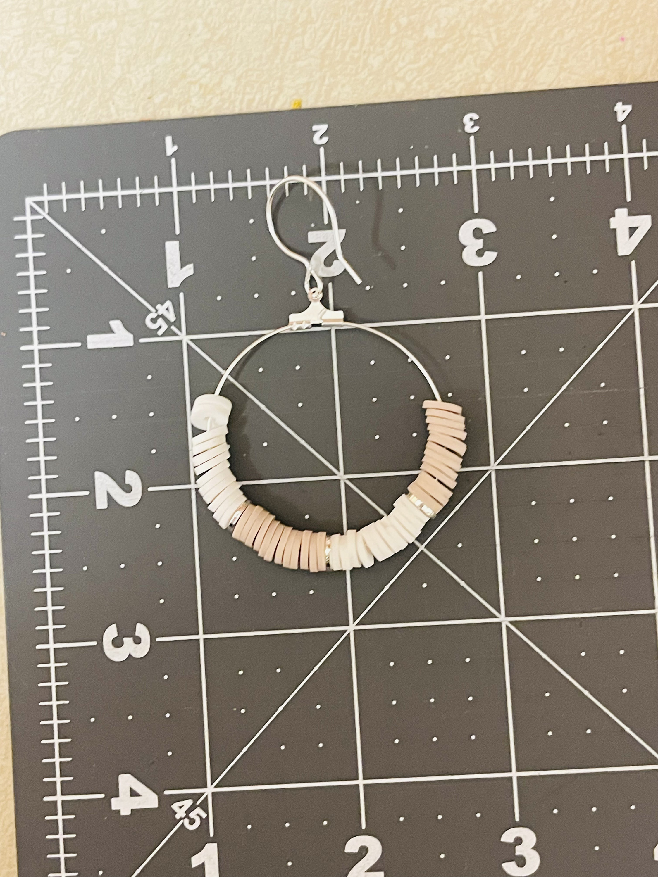 White and Cream Heishi Dish Clay Earrings, Silver Hoop and Polymer Clay ...
