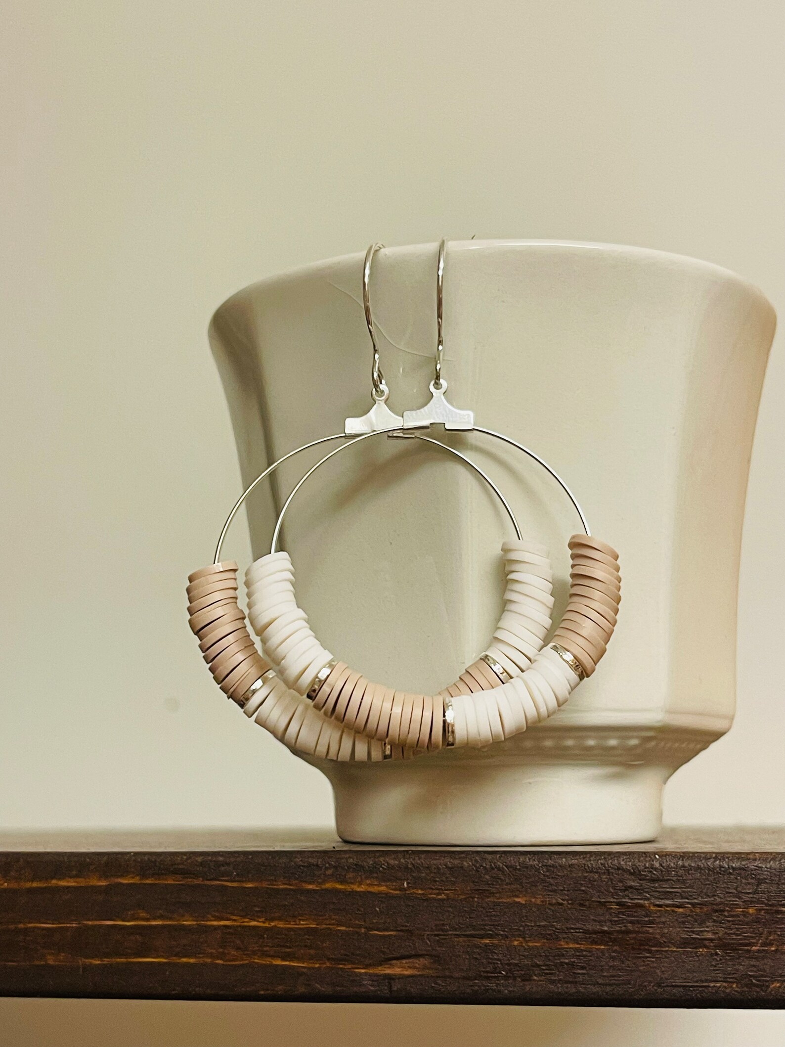 White and Cream Heishi Dish Clay Earrings, Silver Hoop and Polymer Clay ...