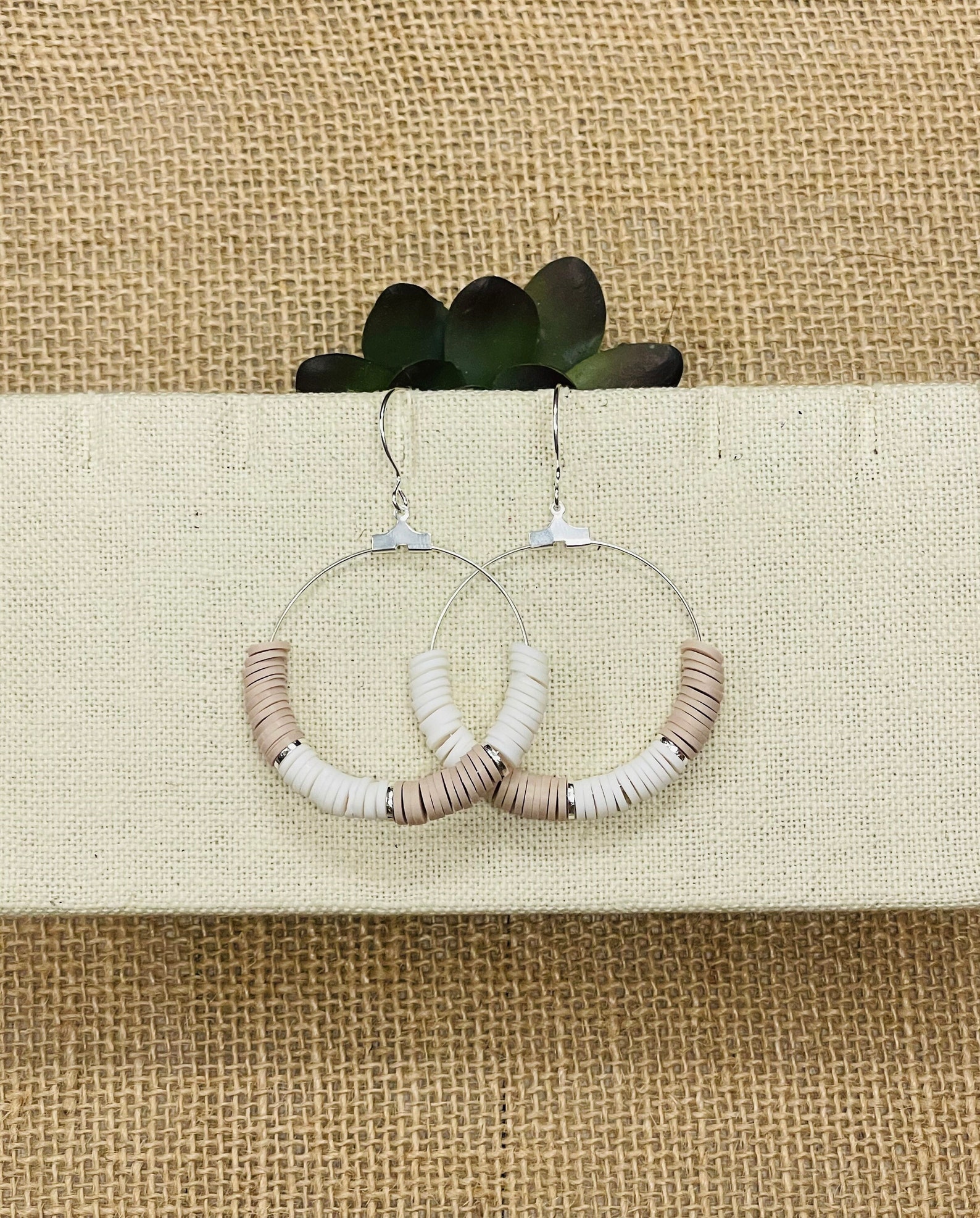 White and Cream Heishi Dish Clay Earrings, Silver Hoop and Polymer Clay ...