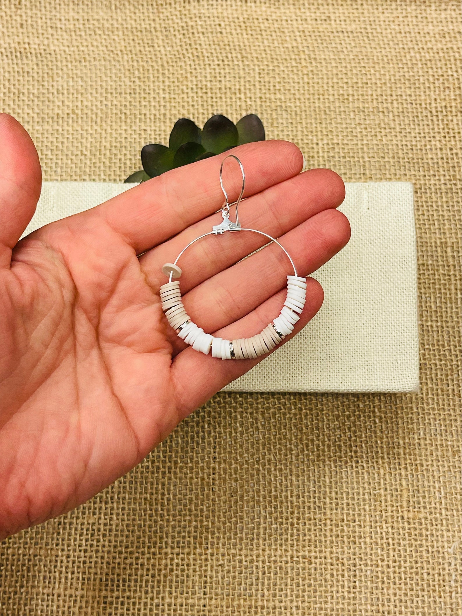 White and Cream Heishi Dish Clay Earrings, Silver Hoop and Polymer Clay ...