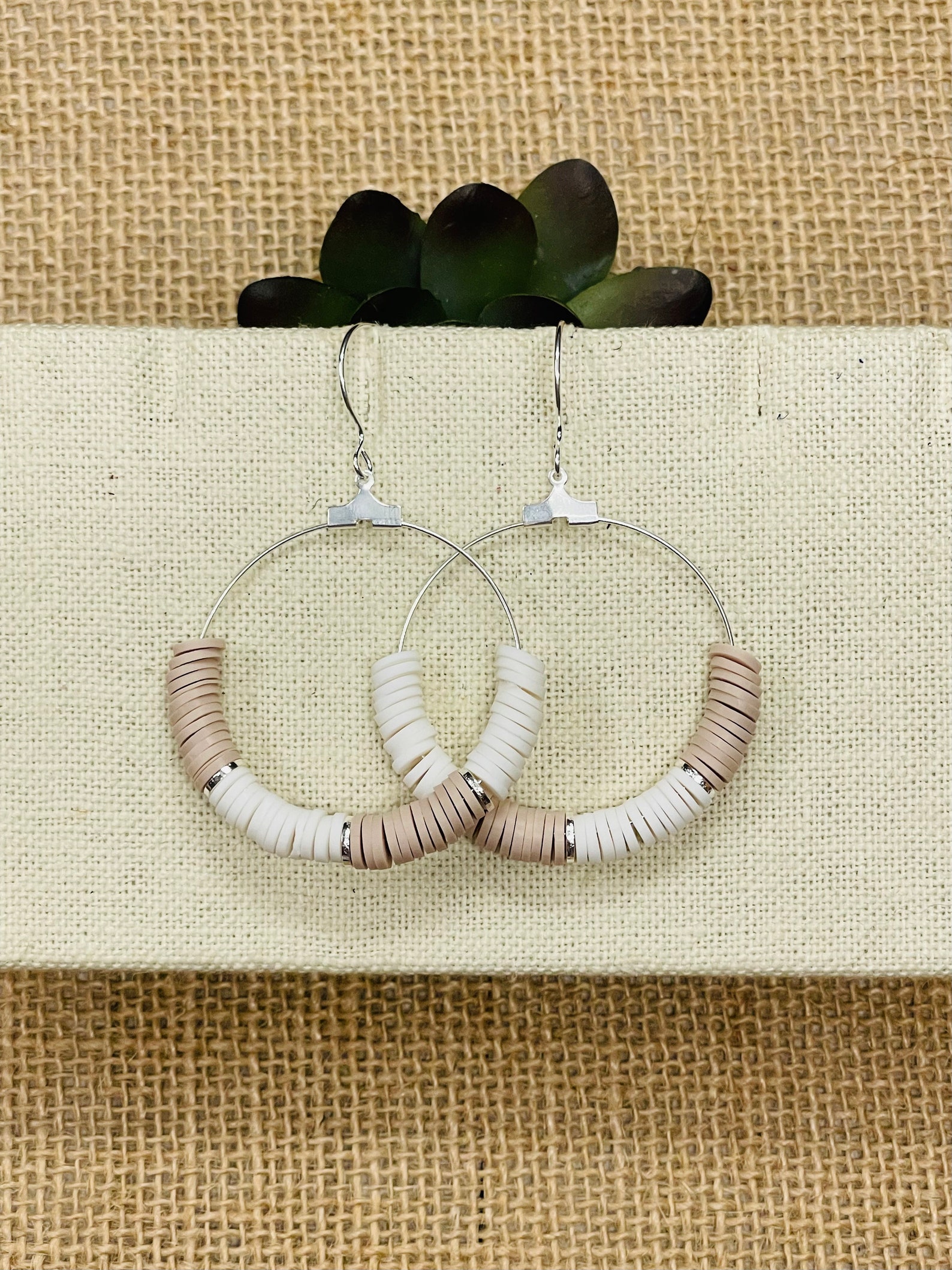 White and Cream Heishi Dish Clay Earrings, Silver Hoop and Polymer Clay ...