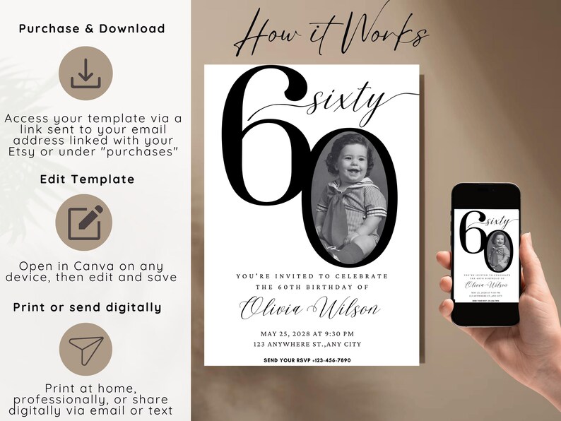 60th Birthday Invitation, Digital Download, for Men or Women, Photo ...