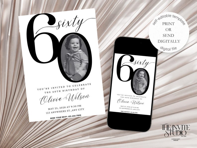 60th Birthday Invitation, Digital Download, for Men or Women, Photo ...