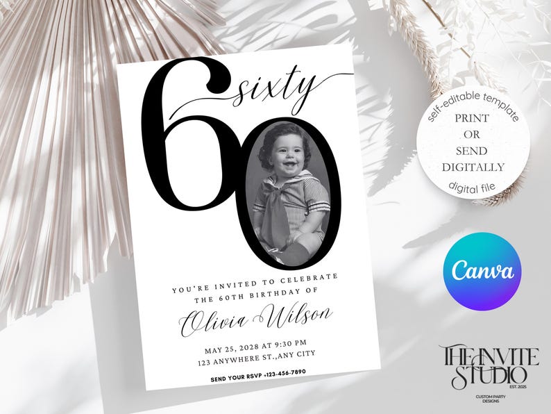 60th Birthday Invitation, Digital Download, for Men or Women, Photo ...