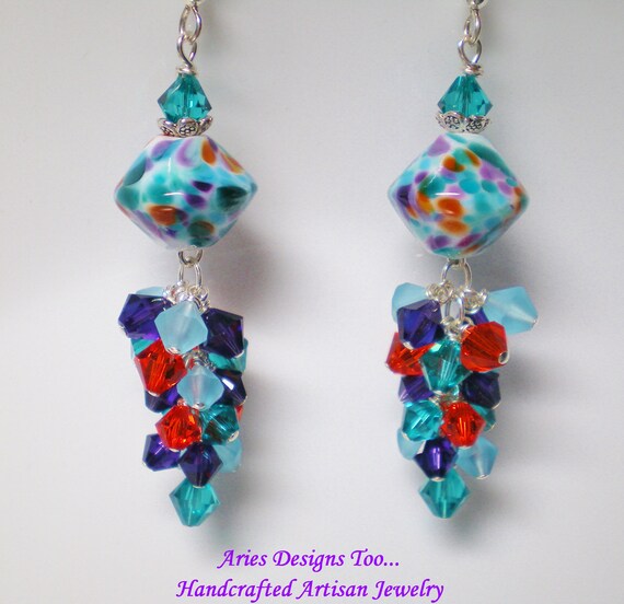 Abstract Lampwork Bicone Cluster Earrings in Aqua | Etsy