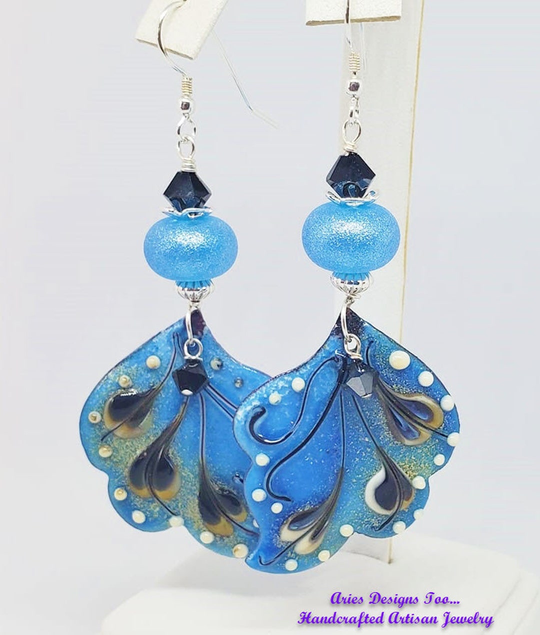 Funky Enameled Leaf Earrings in Black and Sapphire Blue, Long Leaf ...