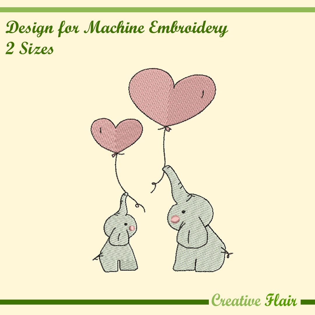 Elephants Embroidery Design, Balloon Hearts for Machine Embroidery, 2 ...