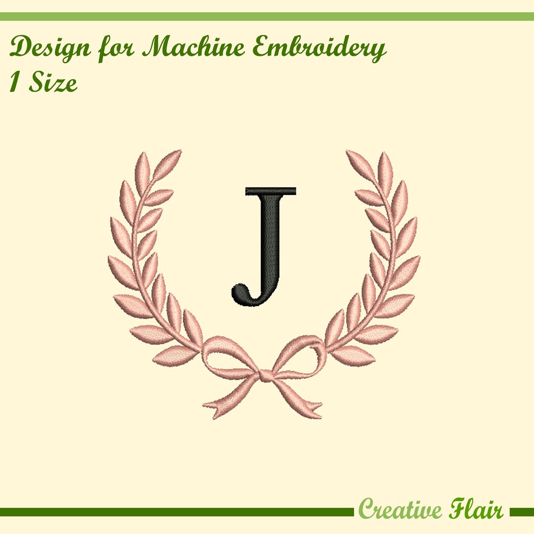 Laurel Wreath Bow With Letter J Monogram Font Embroidery Design for ...