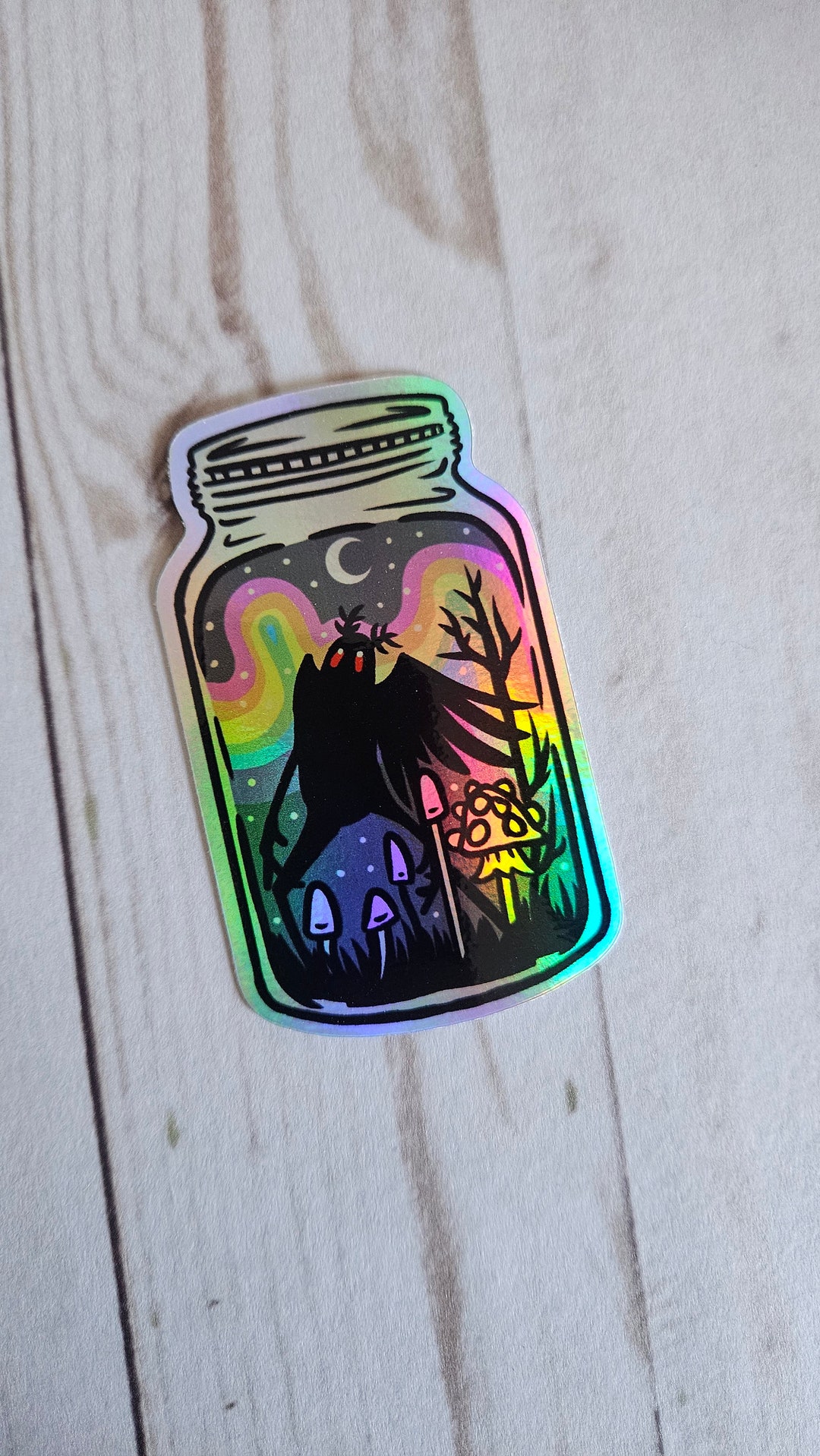 Cryptid Buddy Holographic Sticker Fantasy Art Mothman Jar Sticker ...
