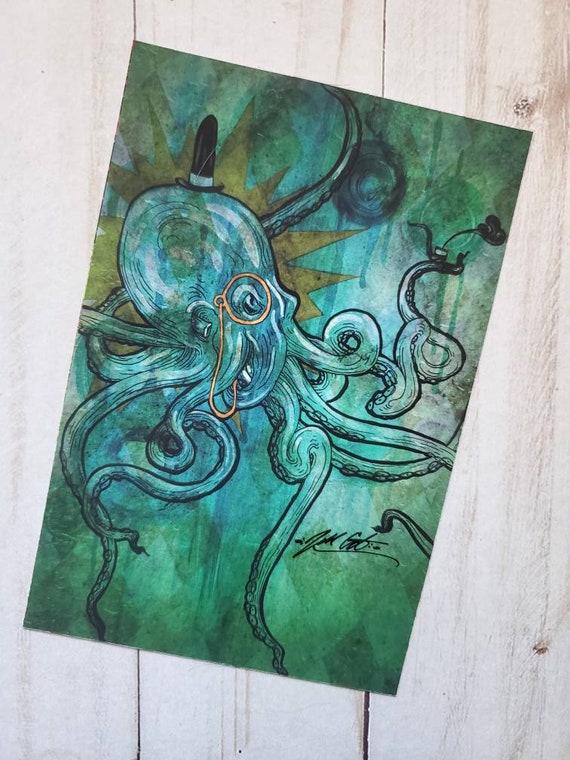 Dapper Octopus With Bowler Hat Pipe Monocle Sea Animal Art 4x6 | Etsy