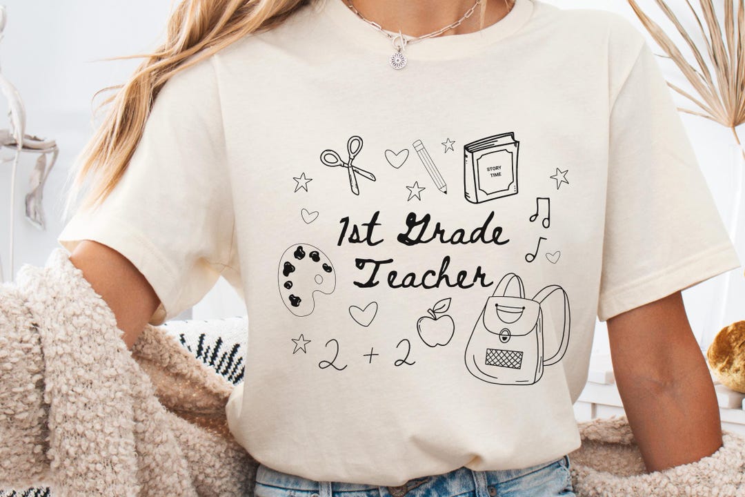 1st Grade Teacher Tee, Doodle Art First Grade Teacher T-shirt, Back to ...