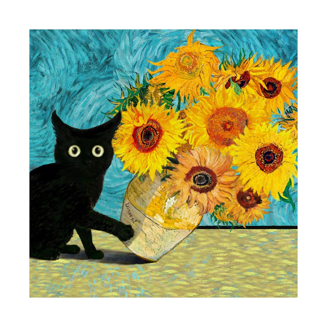 Black Cat Knocking Over Van Gogh Sunflowers Vase Funny Posters Cat ...