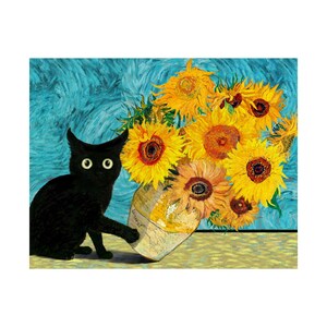 Black Cat Knocking Over Van Gogh Sunflowers Vase Funny Posters Cat ...