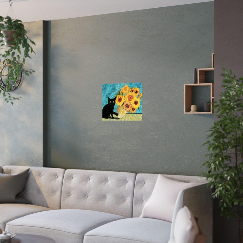 Black Cat Knocking Over Van Gogh Sunflowers Vase Funny Posters Cat ...