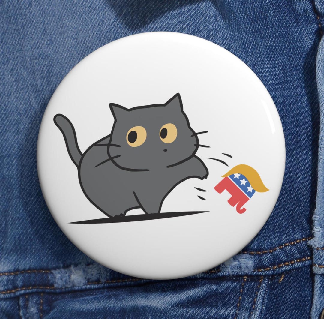 Cat Knocking Donald Trump Elephant off Over Table Funny Pins Buttons ...