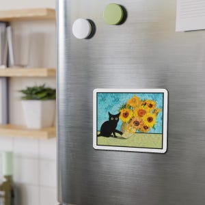 Black Cat Knocking Over Van Gogh Sunflowers Vase Funny Fridge Magnets ...