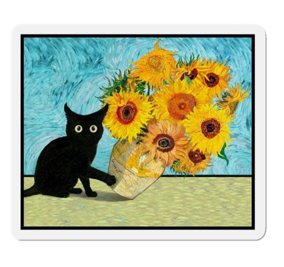 Black Cat Knocking Over Van Gogh Sunflowers Vase Funny Fridge Magnets ...