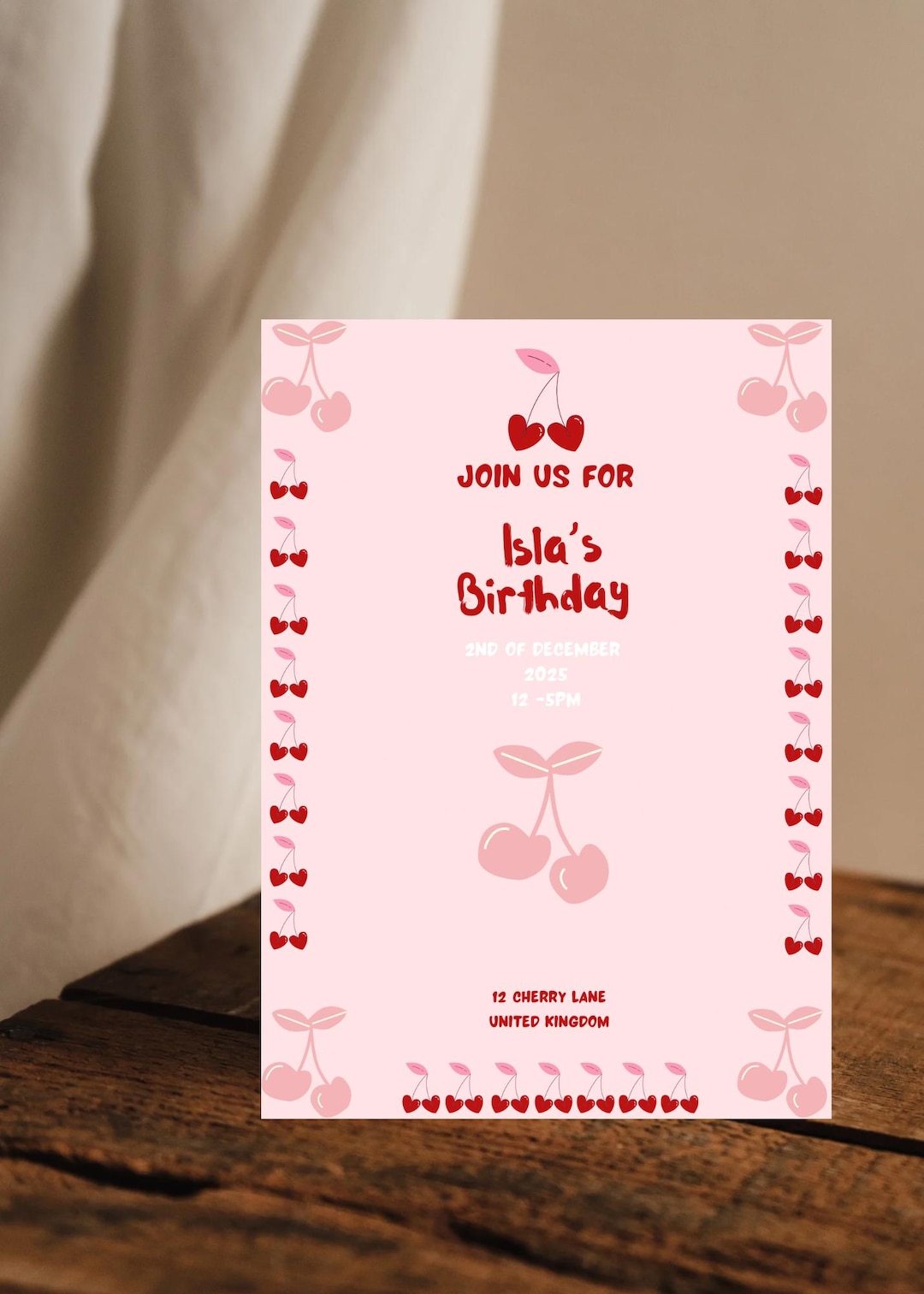 Editable Cherry Birthday Invitation Invite Party Red Cherries Retro ...
