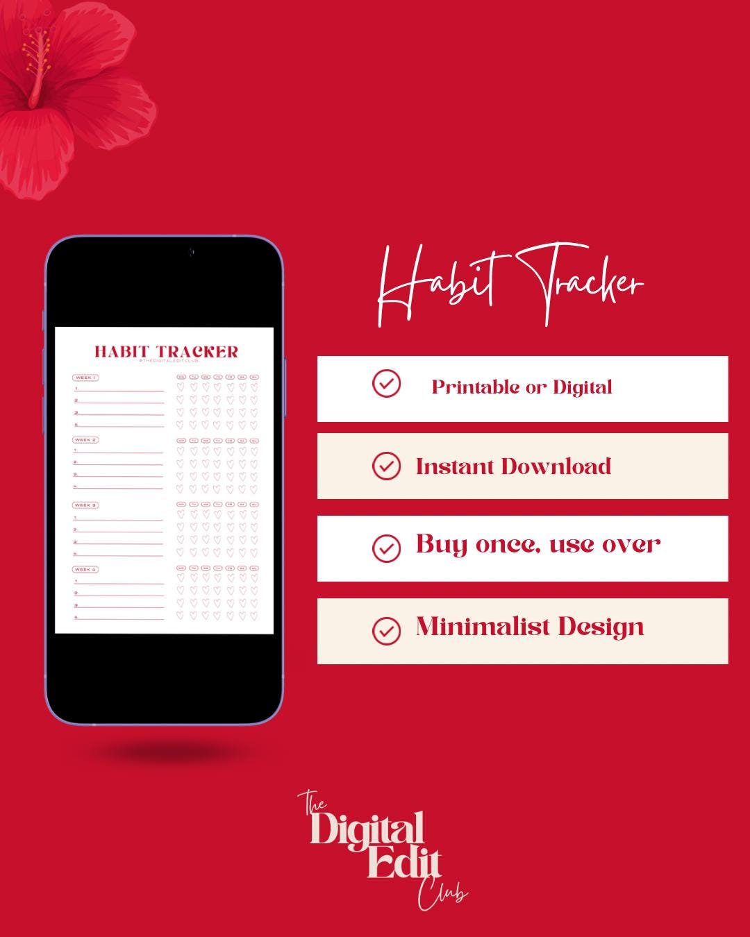 DIGITAL HABIT TRACKER, Printable, A4, Habit Tracker, Minimalist, Red ...
