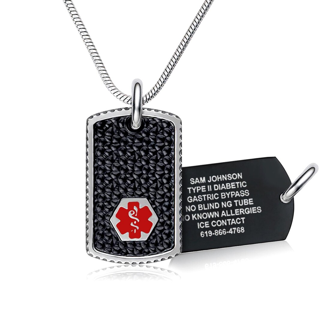 Mini Black Dog Tag Medical ID Necklace: Free Engraving, Various Chains ...