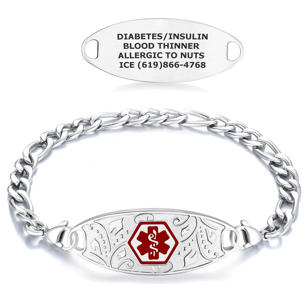 Custom Engraved Titanium Medical ID Bracelet: Figaro Chain, Caduceus ...