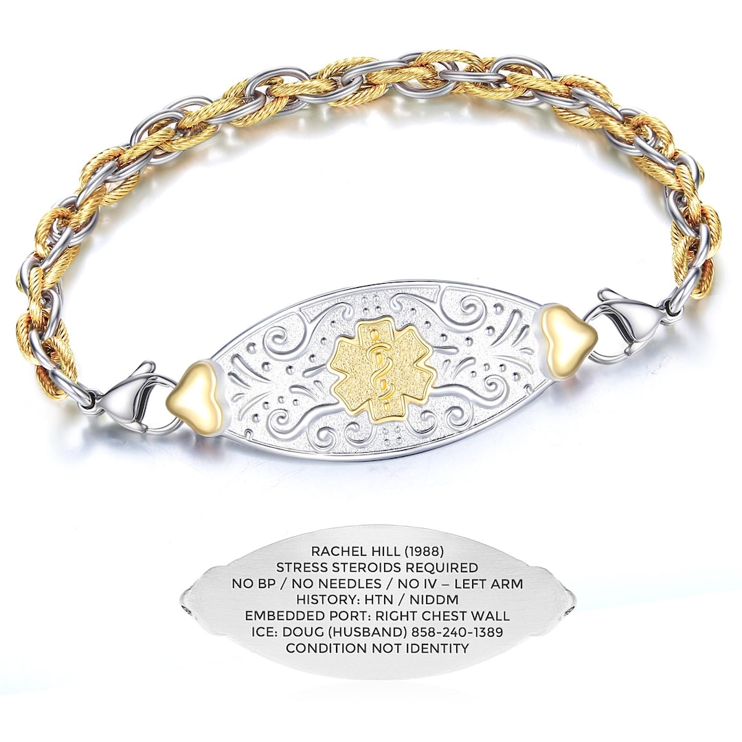 Custom Engraved Medical ID Bracelet: Two-tone Gold & Silver Stainless ...