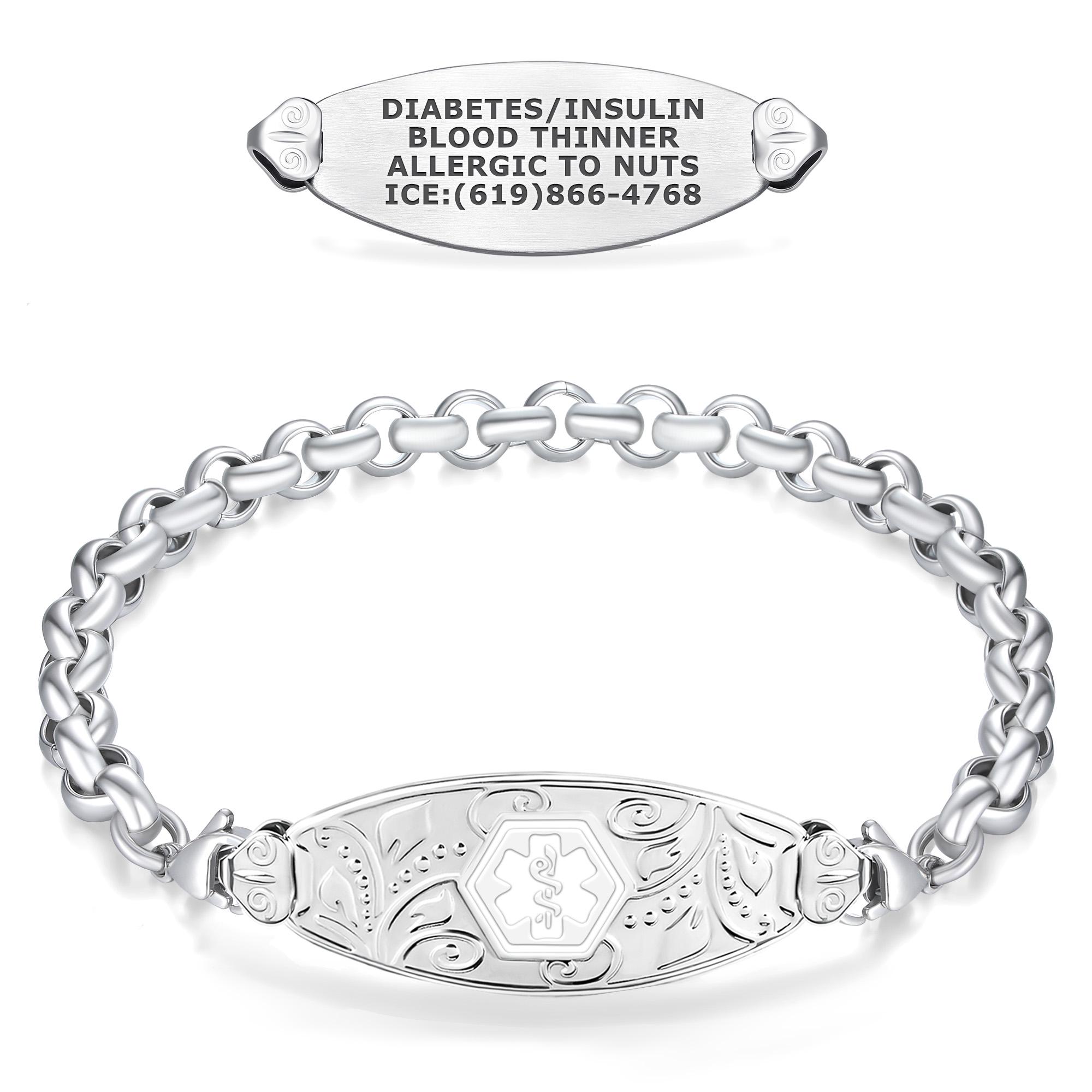 Filigree Medical ID Bracelet: Custom Engraved Stainless Steel Rolo ...