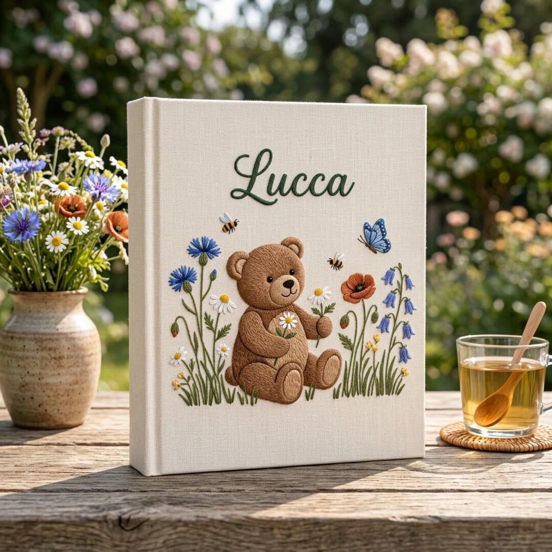 Hand Baby Photo Album With Teddy Bear Embroidered, Personalized Linen ...