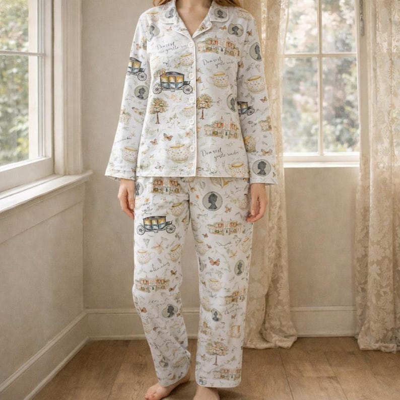 Tea House Pajama Set, Vintage Tea Party Sleepwear, Cozy Literary ...