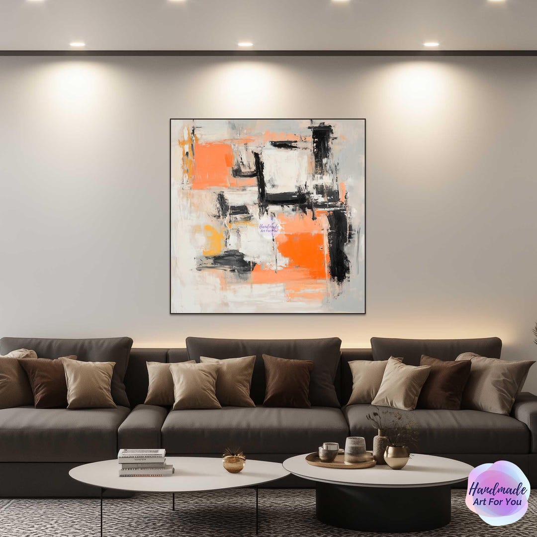 Orange Black Abstract Painting, Modern Minimalist Canvas Art, Bold ...