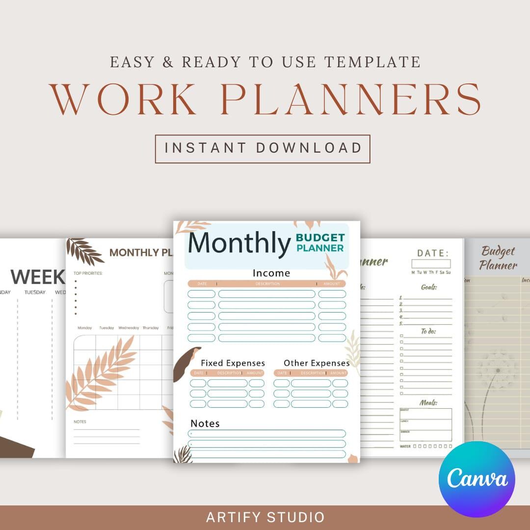 5 Work Planner Bundle | Digital Productivity and Organization Set ...